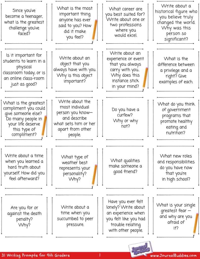 9th Grade Writing Prompts Worksheets