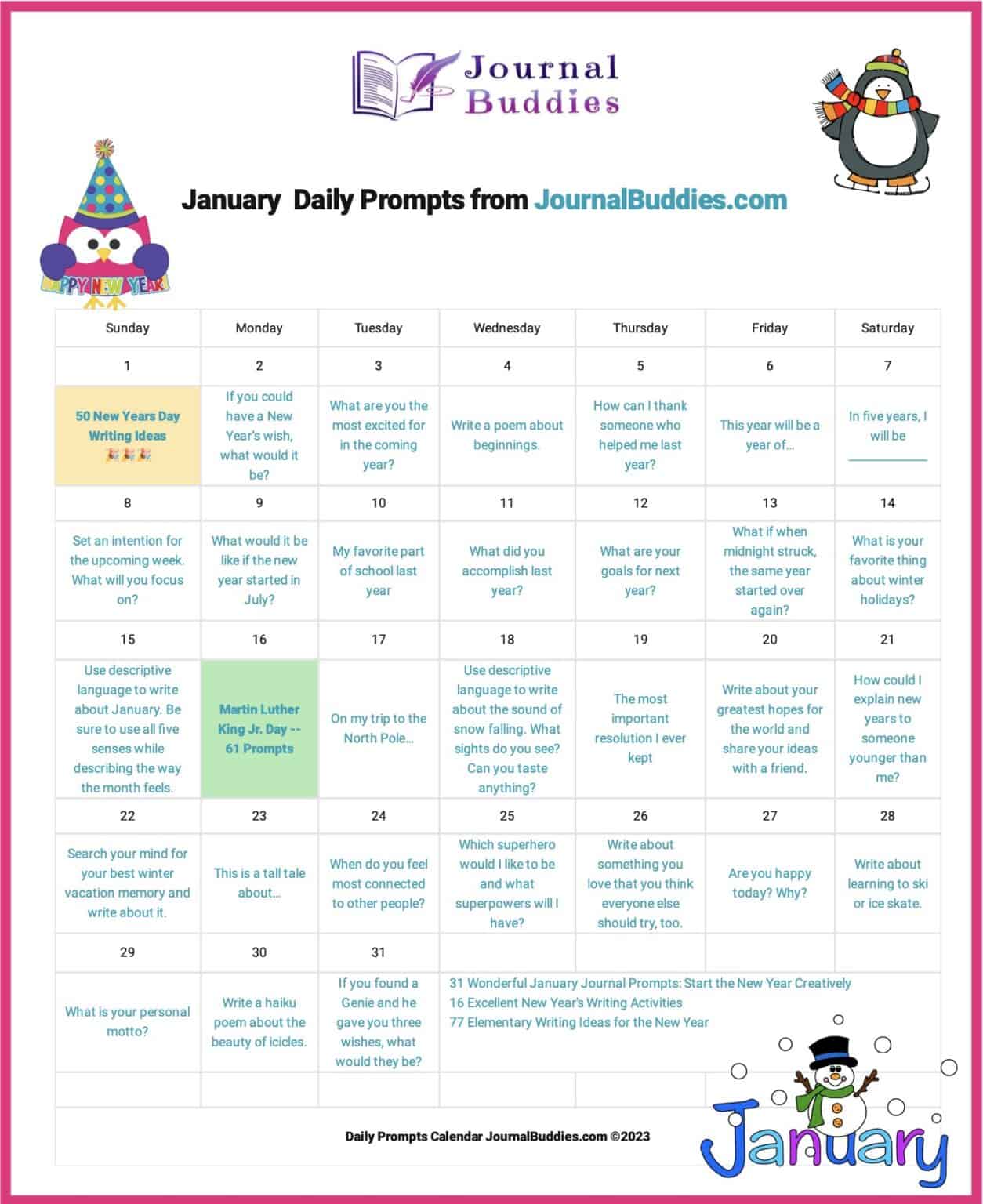 Free Monthly Journal Prompts 2023 » JournalBuddies.com
