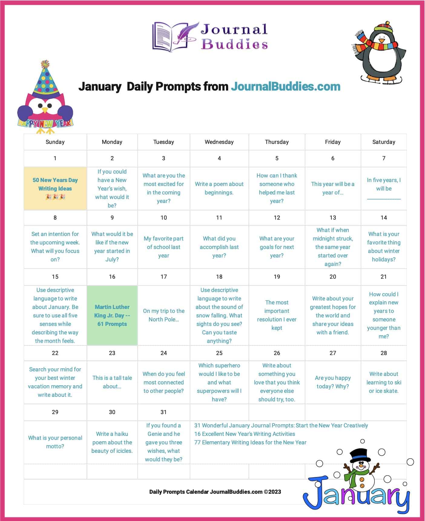 Free Monthly Journal Prompts 2023 » JournalBuddies.com